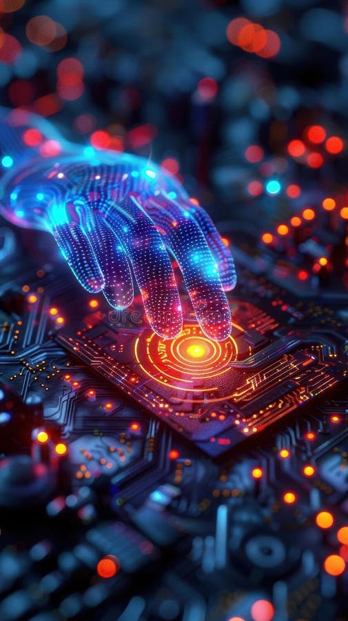 Digital Hand Interacting with Illuminated Circuit, Highlighting ...