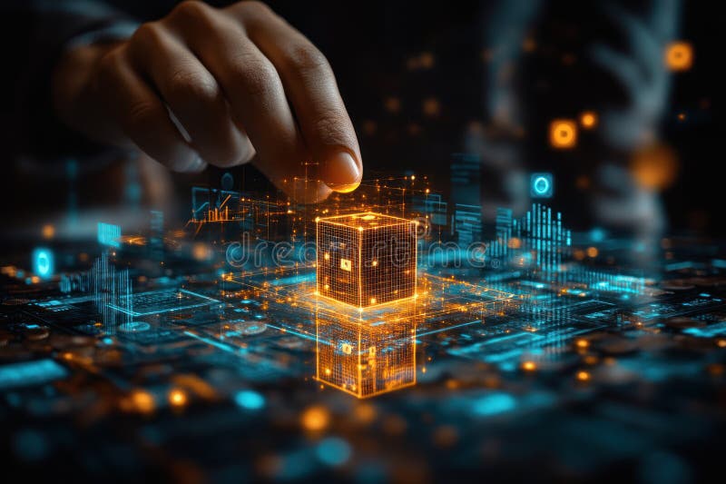 Digital Hand Placing Glowing Cube on Futuristic Interface, Symbolizing ...