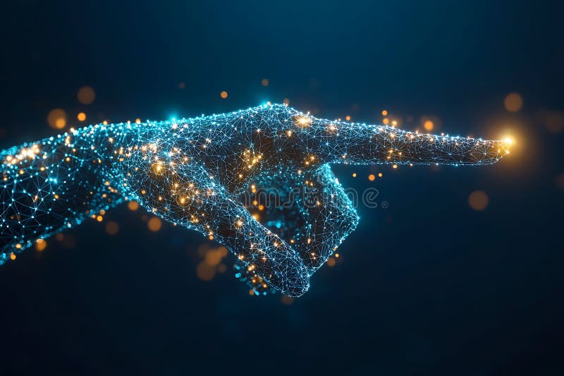 Digital Hand Pointing with Geometric Lines and Glowing Nodes on Dark ...