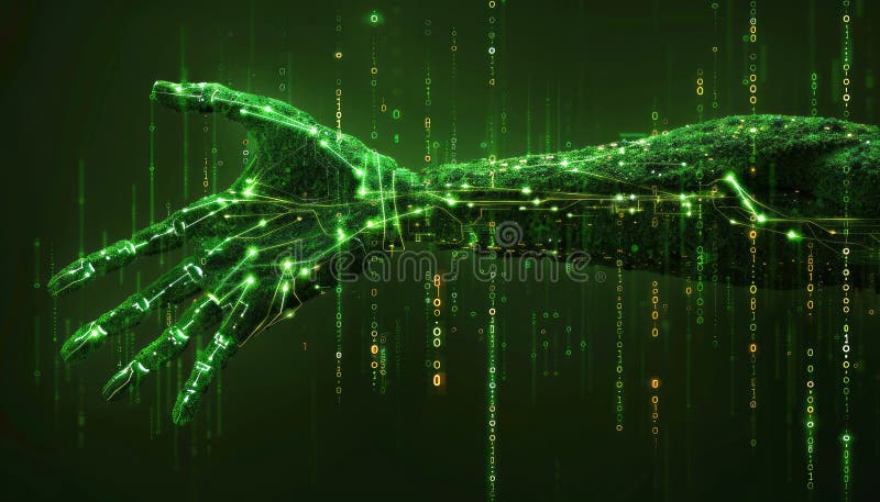 Futuristic Digital Arm with Green Matrix Code Overlay, Symbolizing ...