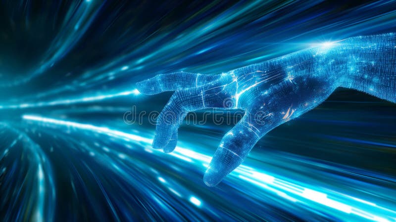 Digital Hand Reaching through Light Streams Stock Image - Image of ...
