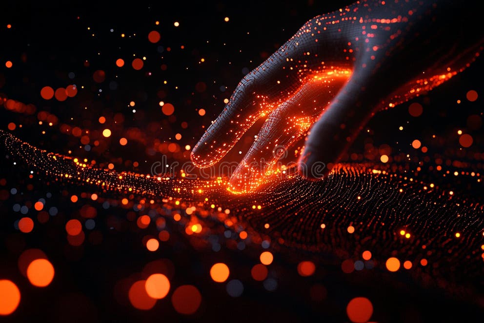 Digital Hand Reaching Out from Darkness Touching Glowing Particles ...