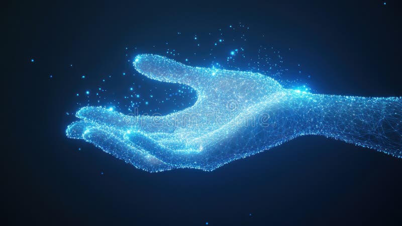 Digital Hand Reaching Out, Glowing Particles, Dark Background Stock ...