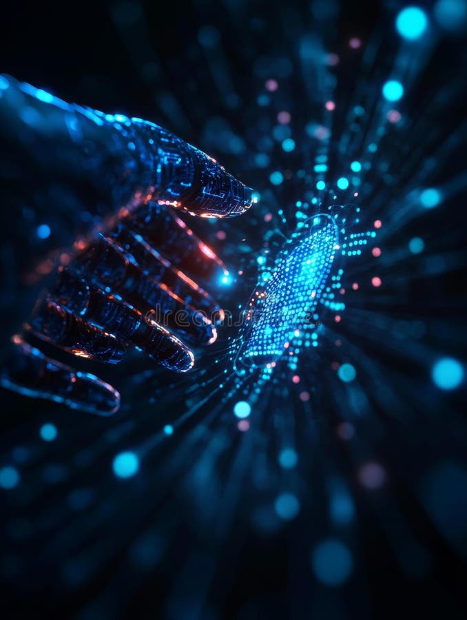 A Digital Hand Reaching Towards a Glowing Network of Data Points ...