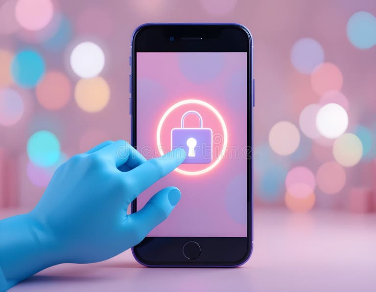 A Stylized Digital Hand Securing Smartphone Access with Lock Icon Stock ...