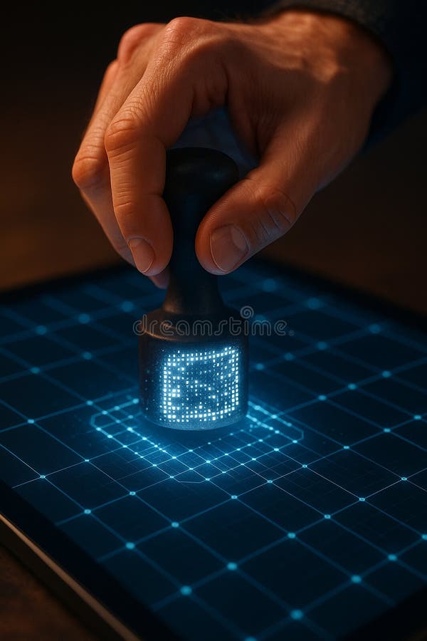 Digital Hand Stamp Verifying Blockchain Record Stock Illustration ...
