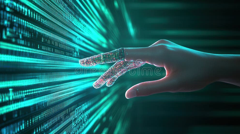 Digital Hand Touching Futuristic Screen with Flowing Binary Code ...