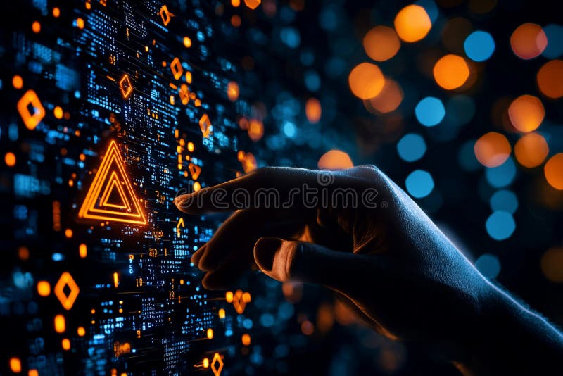 Digital Hand Touching Glowing Data Screen with Vibrant Orange and Blue ...