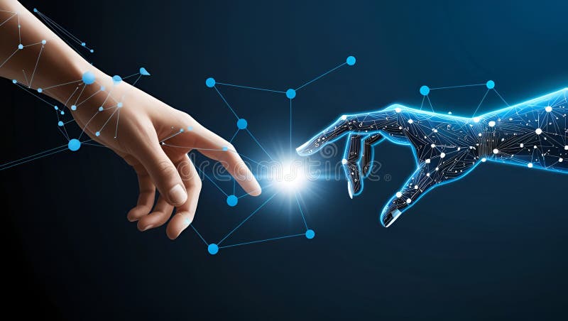 Human Hand Touching Digital Hand, Digital and Technological Blue ...