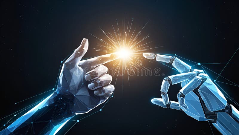 Robot Hand Touching Digital Hand, Digital and Technological Blue ...