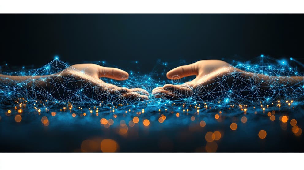 Digital Hands Connect Over Network of Light Stock Illustration ...