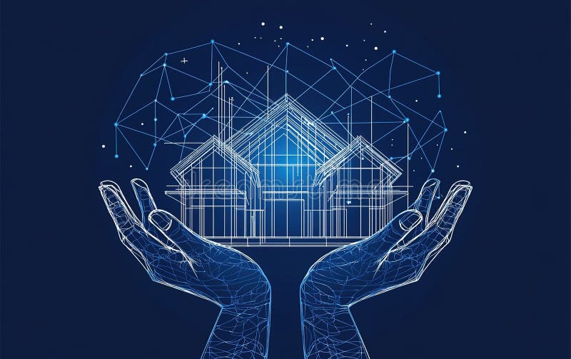 Digital Hands Cradling a Wireframe Building on a Dark Blue Background ...