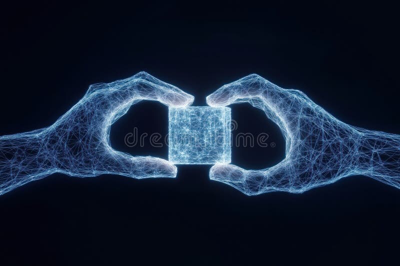 Digital Hands Exchange Glowing Cube. Futuristic Tech Concept. Network ...