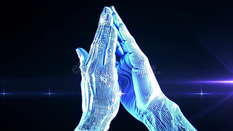 Digital Hands Forming a Prayer-like Gesture with Bright Blue Light and ...
