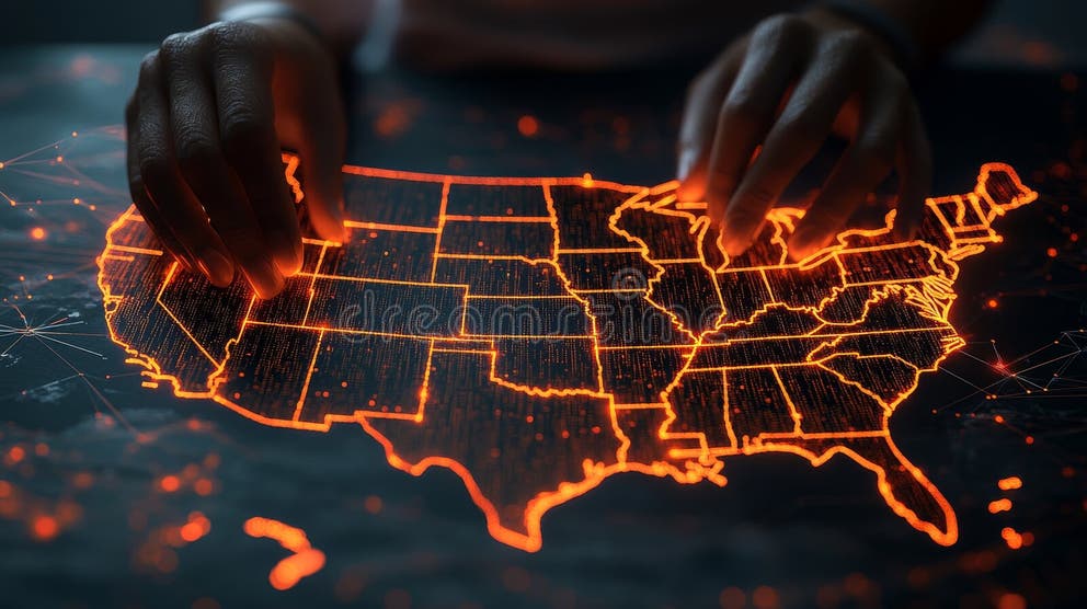 Digital Hands Hovering Over Glowing Usa Map Representing Technology and ...