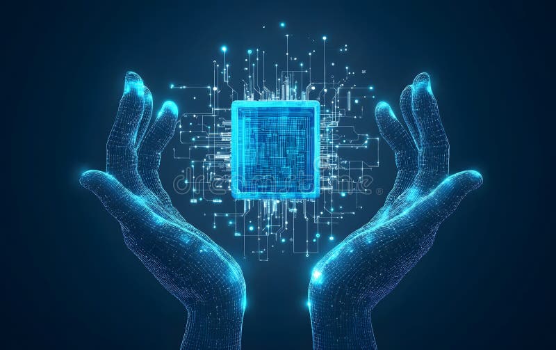 Digital Hands Presenting a Glowing Microchip in a Futuristic Tech ...