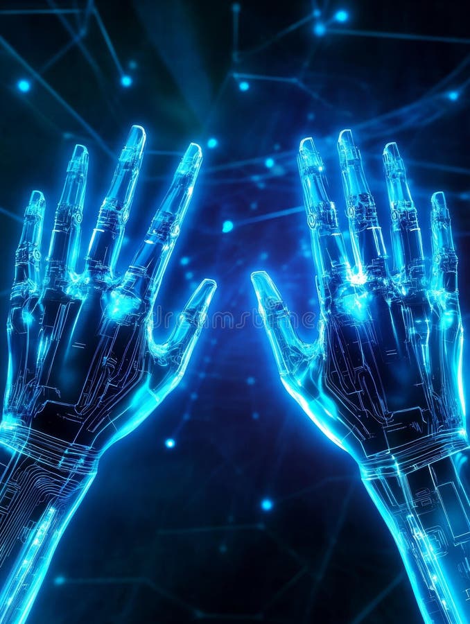 Digital Hands Reaching for the Future Futuristic Robotic Hands Glowing ...