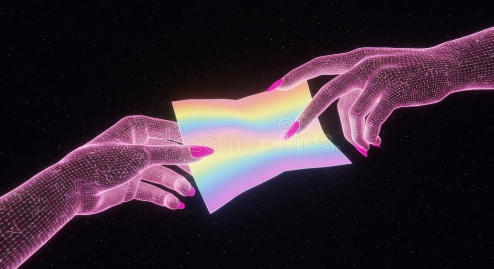 Digital Hands Sharing a Rainbow: a Synthwave Masterpiece Stock ...
