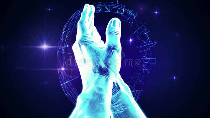 Digital Hands in a Triangular Pose with a Glowing Blue Aura, Surrounded ...