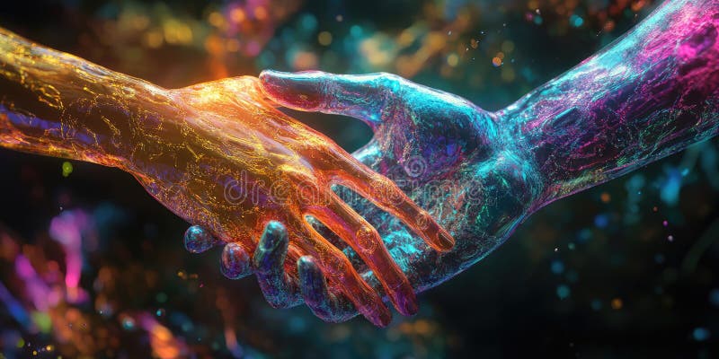 Digital Hands United in an Abstract Shaking Gesture, Abstract Digital ...