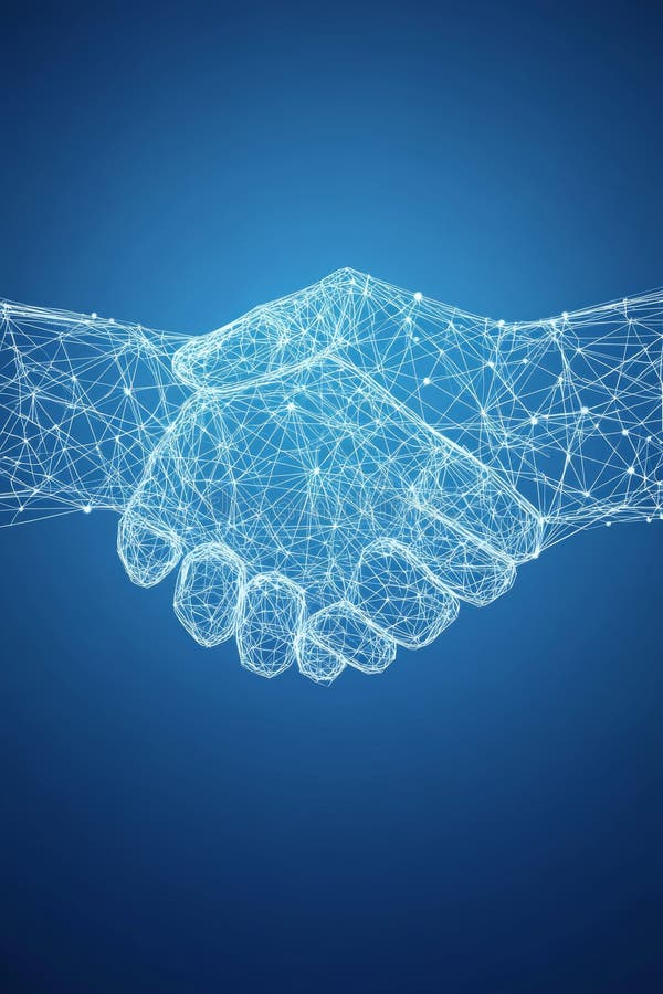 Digital Handshake on Abstract Blue Background, Business Partnership and ...
