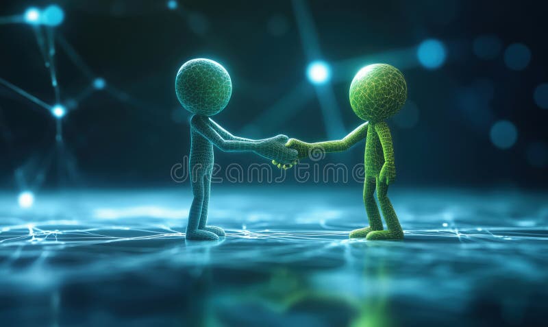 Digital Handshake between Blue and Green Wireframe Figures Symbolizing ...