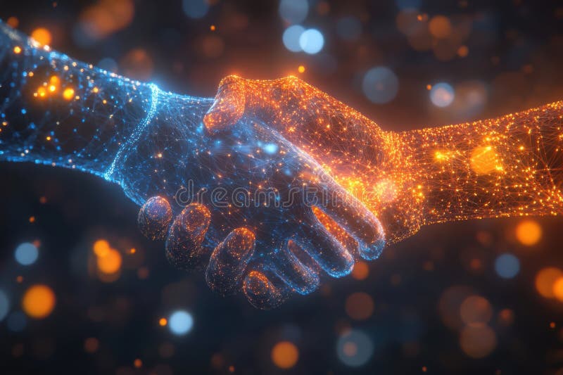 Digital Handshake with Blue and Orange Glowing Particles on a Dark ...