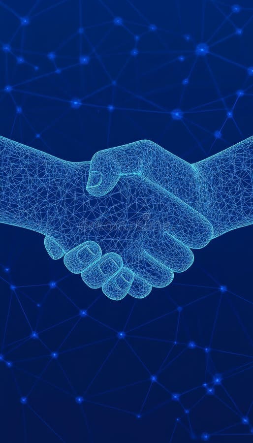 Digital Handshake on Blue Particle Background. Concept of Partnership ...