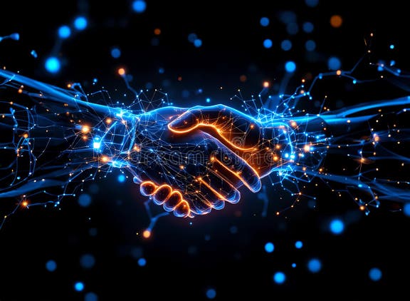 Digital Handshake on Blue Technology Background Stock Illustration ...