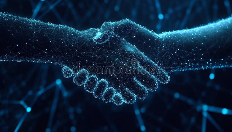 Digital Handshake on Blue Technology Background, Business Partnership ...