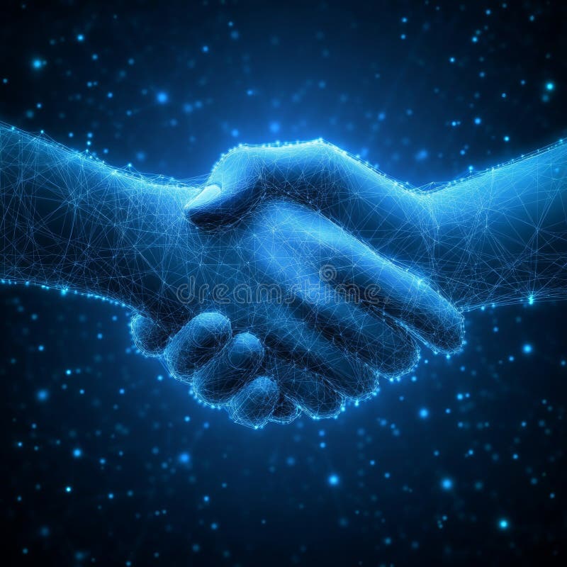 Digital Handshake on Blue Technology Background Business Partnership ...