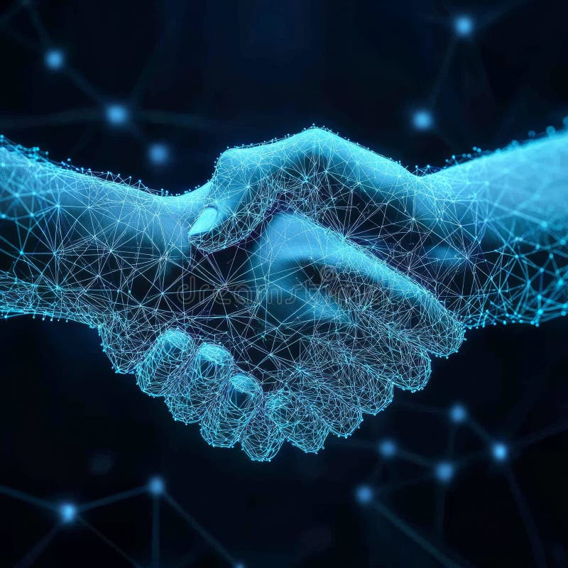 Digital Handshake on Blue Technology Background Business Partnership ...