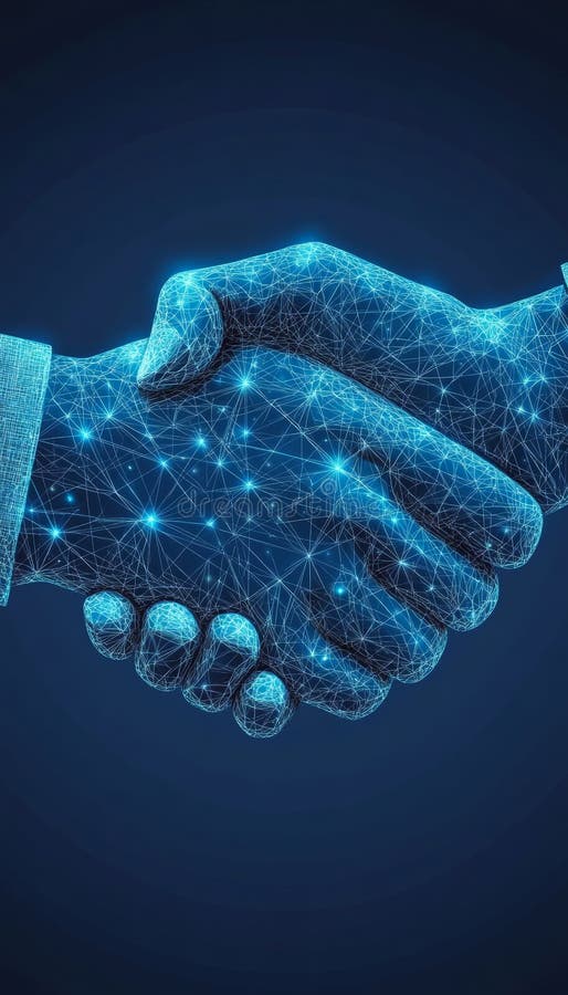Digital Handshake on Blue Technology Background Collaboration ...