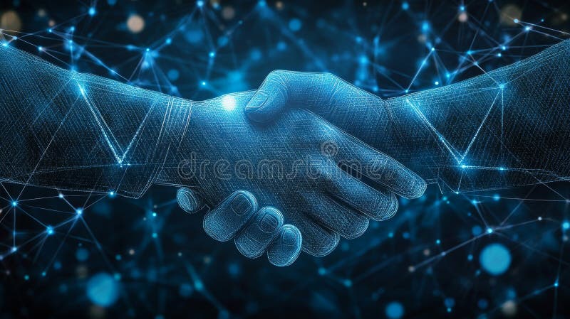 Digital Handshake on Blue Technology Background. Concept of Business ...