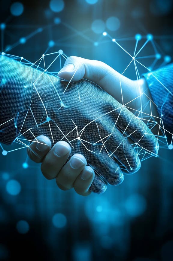 Digital Handshake on Blue Technology Background - Partnership ...
