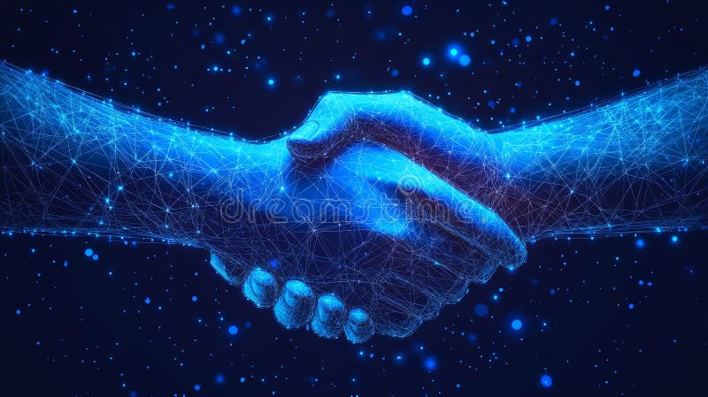 Digital Handshake on Blue Technology Background, Symbol of Business ...