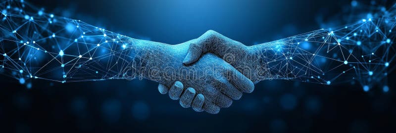 Digital Handshake on a Blue Technology Background Symbol of Partnership ...
