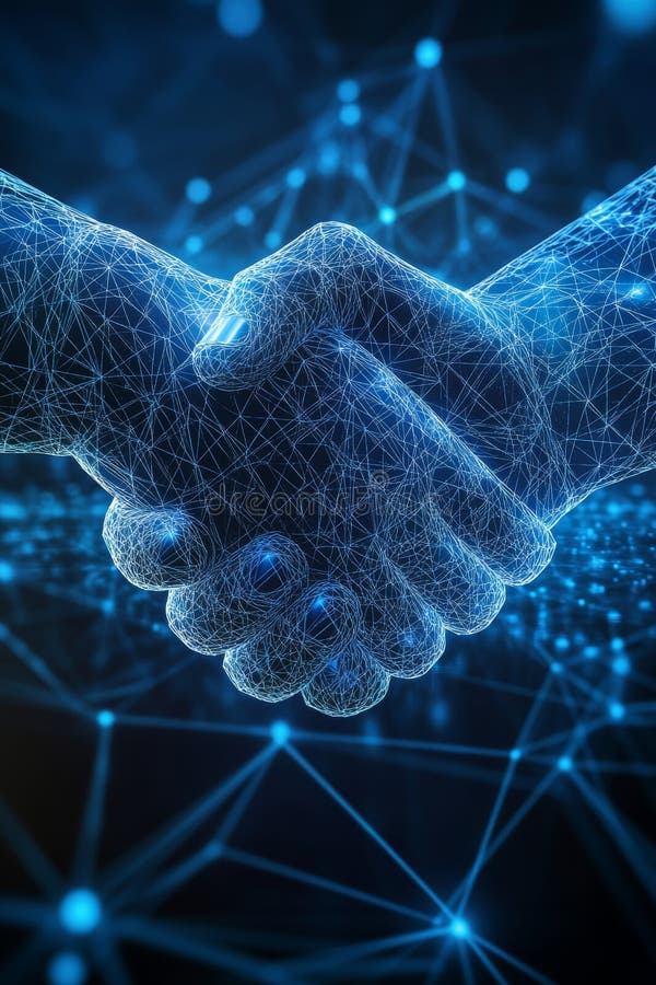 Digital Handshake on Blue Technology Background, Symbolizing ...