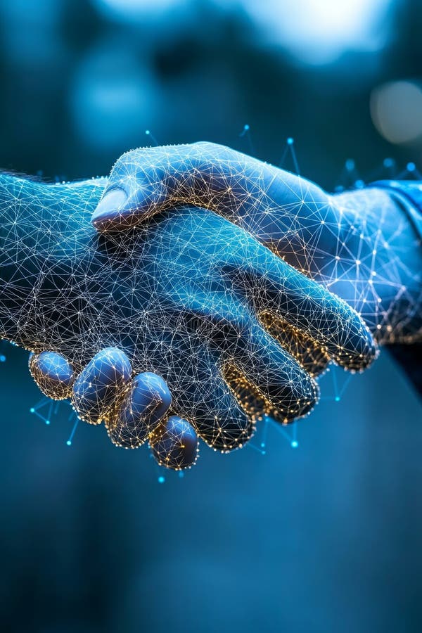 Digital Handshake, Digital Connection on Blue Technology Background ...
