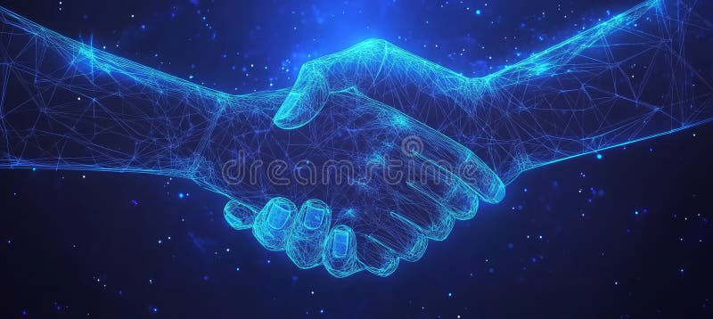 Digital Handshake, Glowing Blue Lines Form Hands, Representing ...