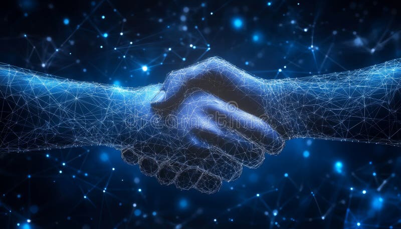 Digital Handshake of Glowing Polygonal Human Hands Connection ...