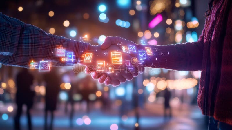 Digital Handshake Partnership Two Hands Shake Glowing Digital Icons ...