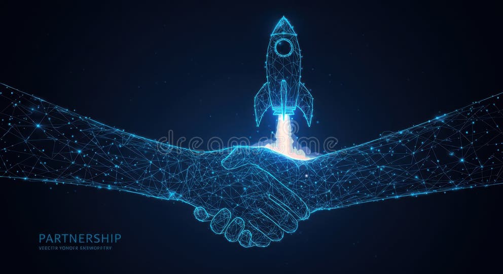 Digital Handshake with Rocket Launch Representing Business Partnership ...