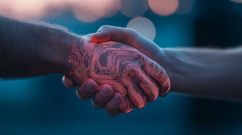 Digital Handshake Symbolizes Collaboration between Technology and Human ...