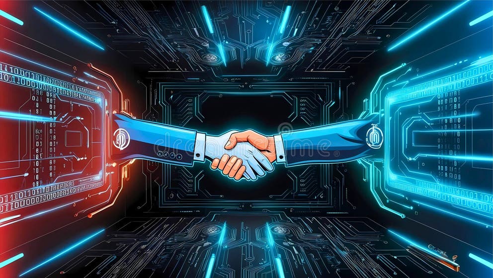 A Digital Handshake between Two Entities, Represented by Glowing Hands Stock Illustration ...