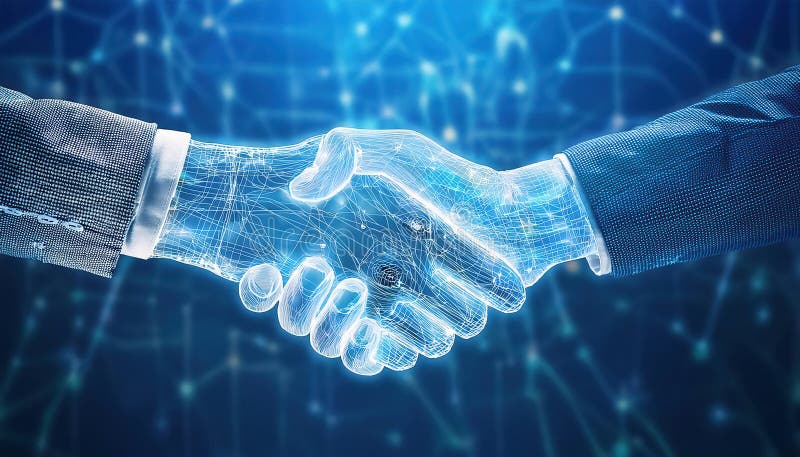 Digital Handshake between Two Hands Against Vibrant Blue Background ...