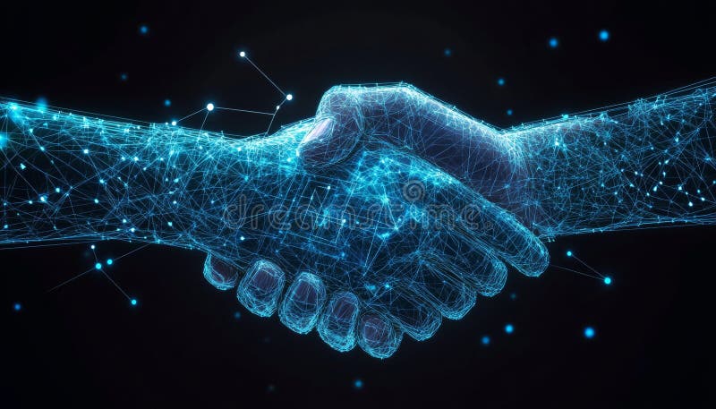 Digital Handshake Two Hands Engaging with a Blue Wireframe Design ...