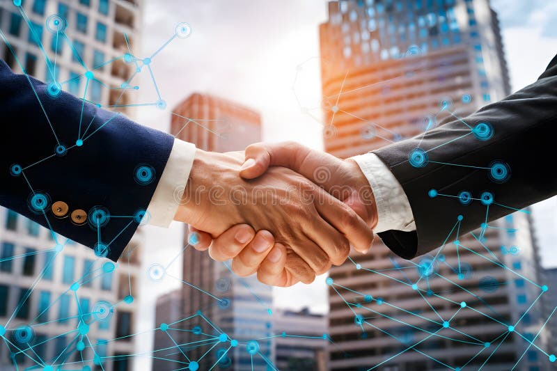 Digital Handshake between Two Individuals in Urban Setting, Symbolizing ...