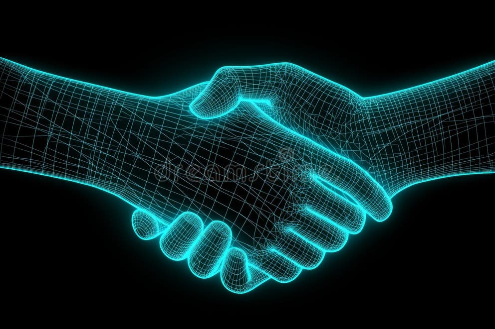 A Digital Handshake Visualization in a Futuristic Wireframe Format ...