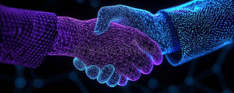 Digital Handshake Wireframe Composition with Neon Blue and Purple Glow ...